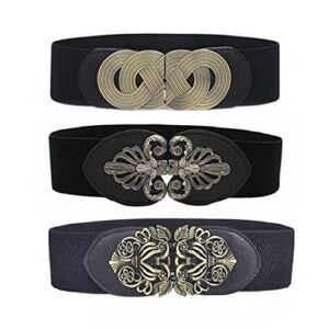 swtddy 3 pack women's vintage wide elastic stretch waist belt waistband (3 design black color, suit for waist size 27"-35")