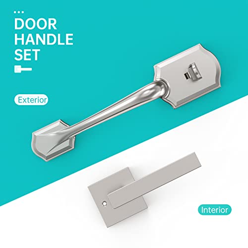 hornbill Front Door Handle, Single Cylinder Lower Exterior Door Handle Set with Interior Lever Reversible for Right and Left Handed Doors, Entry Door Lock HandleSet, Satin Nickel Silver