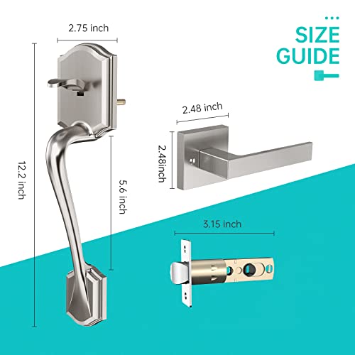 hornbill Front Door Handle, Single Cylinder Lower Exterior Door Handle Set with Interior Lever Reversible for Right and Left Handed Doors, Entry Door Lock HandleSet, Satin Nickel Silver