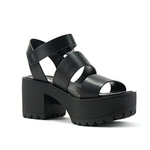 Soda ACCOUNT ~ Women Open Toe Two Bands Lug sole Fashion Heel Sandals with Adjustable Ankle Strap (Black, numeric_7)