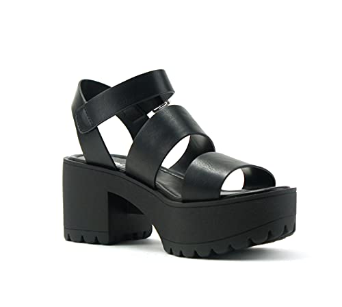 Soda ACCOUNT ~ Women Open Toe Two Bands Lug sole Fashion Heel Sandals with Adjustable Ankle Strap (Black, numeric_7)