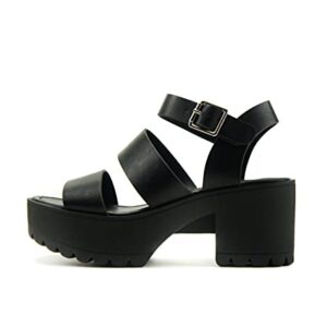 Soda ACCOUNT ~ Women Open Toe Two Bands Lug sole Fashion Heel Sandals with Adjustable Ankle Strap (Black, numeric_7)