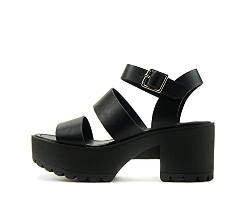 Soda ACCOUNT ~ Women Open Toe Two Bands Lug sole Fashion Heel Sandals with Adjustable Ankle Strap (Black, numeric_7)