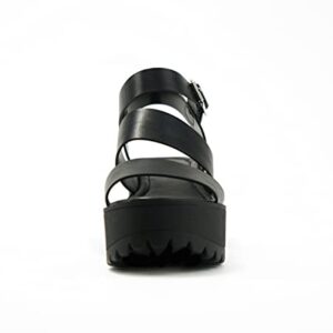 Soda ACCOUNT ~ Women Open Toe Two Bands Lug sole Fashion Heel Sandals with Adjustable Ankle Strap (Black, numeric_7)