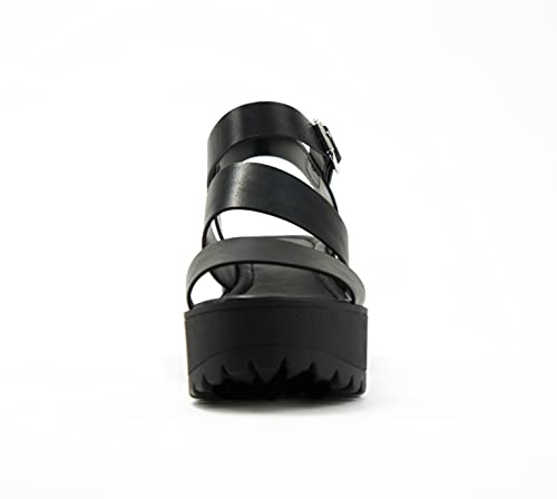 Soda ACCOUNT ~ Women Open Toe Two Bands Lug sole Fashion Heel Sandals with Adjustable Ankle Strap (Black, numeric_7)