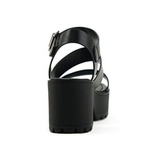 Soda ACCOUNT ~ Women Open Toe Two Bands Lug sole Fashion Heel Sandals with Adjustable Ankle Strap (Black, numeric_7)