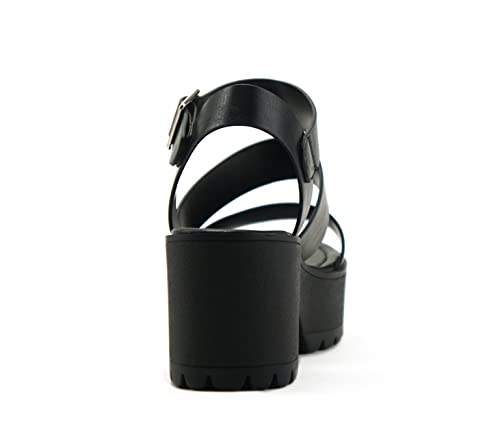 Soda ACCOUNT ~ Women Open Toe Two Bands Lug sole Fashion Heel Sandals with Adjustable Ankle Strap (Black, numeric_7)