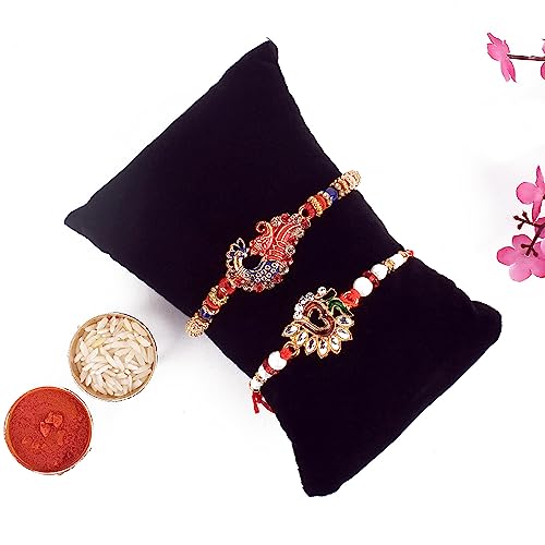 SATVIK 2 Pc Rakhi for Brother Bhaiya Bhabhi Traditional Handmade Premium Quality Assorted Set Roli Chawal, Greeting Card & Soun Stickers Rakhi Thread Rakhdi Bracelets Rakshabandhan