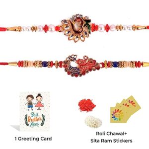 SATVIK 2 Pc Rakhi for Brother Bhaiya Bhabhi Traditional Handmade Premium Quality Assorted Set Roli Chawal, Greeting Card & Soun Stickers Rakhi Thread Rakhdi Bracelets Rakshabandhan