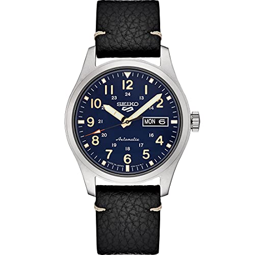 SEIKO SRPG39 Watch for Men - 5 Sports - Automatic with Manual Winding Movement, Blue Dial, Stainless Steel Case, Black Leather Strap, 100m Water Resistant, and Day/Date Display