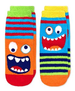 jefferies socks boys boy's monster fuzzy non-skid slipper 2 pack, multi, x-small, multi, x-small us