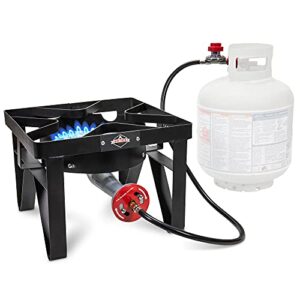 hike crew cast iron single-burner outdoor gas stove | 220,000 btu portable propane-powered cooktop | with blue flame air control panel, hose with adjustable 0-20 psi regulator