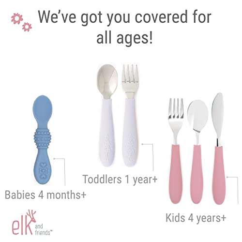 Elk and Friends Kids Silverware with Silicone Handle | Childrens Safe Flatware | Toddler Utensils | Baby Spoons + Forks | Stainless Steel Cutlery