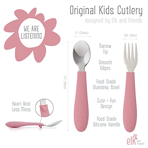 Elk and Friends Kids Silverware with Silicone Handle | Childrens Safe Flatware | Toddler Utensils | Baby Spoons + Forks | Stainless Steel Cutlery