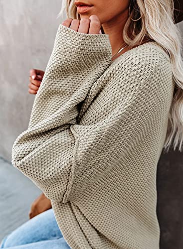 Dokotoo Womens 2023 Fall V Neck Fashion Button Cable Knit Sweater Basic Solid Soft Ladies Batwing Long Sleeve Pullover Tops Jumpers Outwear Khaki M