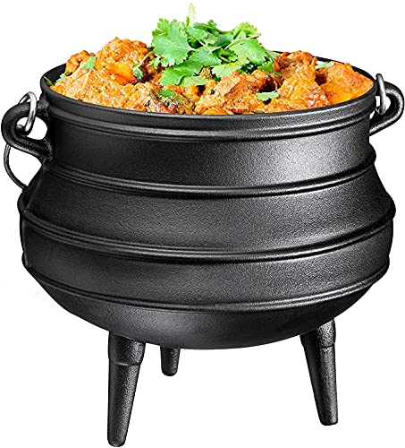 Bruntmor Pre-Seasoned Cauldron Cast Iron | 10 Quarts - African Potjie Pot with Lid | 3 Legs for Even Heat Distribution - Premium Camping Cookware for Campfire, Coals and Fireplace Cooking (Large)