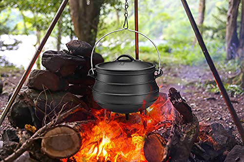 Bruntmor Pre-Seasoned Cauldron Cast Iron | 10 Quarts - African Potjie Pot with Lid | 3 Legs for Even Heat Distribution - Premium Camping Cookware for Campfire, Coals and Fireplace Cooking (Large)