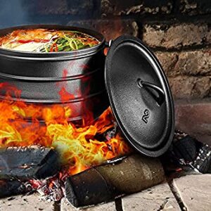 Bruntmor Pre-Seasoned Cauldron Cast Iron | 10 Quarts - African Potjie Pot with Lid | 3 Legs for Even Heat Distribution - Premium Camping Cookware for Campfire, Coals and Fireplace Cooking (Large)