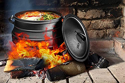 Bruntmor Pre-Seasoned Cauldron Cast Iron | 10 Quarts - African Potjie Pot with Lid | 3 Legs for Even Heat Distribution - Premium Camping Cookware for Campfire, Coals and Fireplace Cooking (Large)