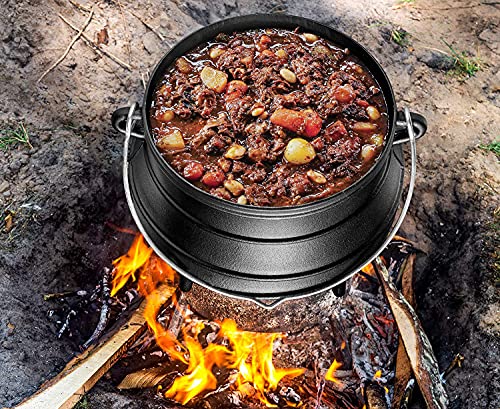 Bruntmor Pre-Seasoned Cauldron Cast Iron | 10 Quarts - African Potjie Pot with Lid | 3 Legs for Even Heat Distribution - Premium Camping Cookware for Campfire, Coals and Fireplace Cooking (Large)