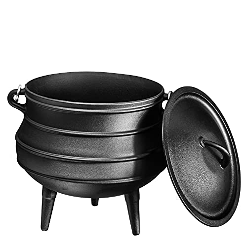 Bruntmor Pre-Seasoned Cauldron Cast Iron | 10 Quarts - African Potjie Pot with Lid | 3 Legs for Even Heat Distribution - Premium Camping Cookware for Campfire, Coals and Fireplace Cooking (Large)