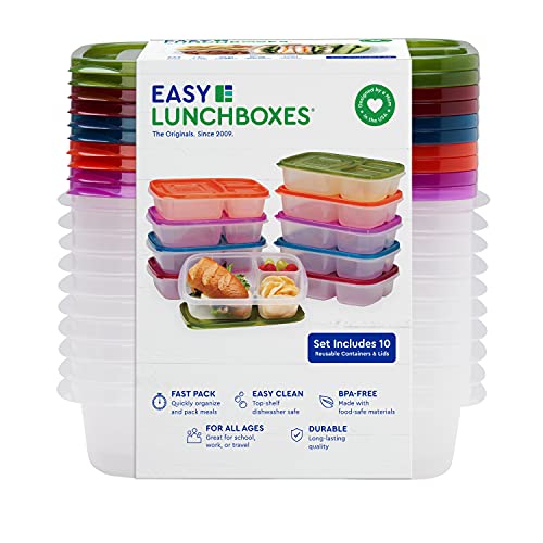 EasyLunchboxes® - Bento Lunch Boxes - Reusable 3-Compartment Food Containers for School, Work, and Travel, Set of 10 (Classic)