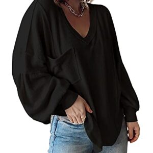 BTFBM Women Casual V Neck Ribbed Knitted Shirts Tunic Tops Loose Balloon Sleeve Solid Pullover Blouses Top with Pocket(Solid Black, Large)