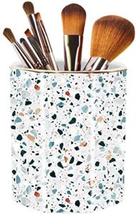 leazul pen holder, makeup brush holder ceramic shiny gold terrazzo marble stone pattern pencil cup for girls kids women durable stand desk organizer storage gift for office, classroom, home light blue