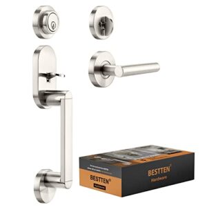 bestten heavy duty front door handle set, modern handleset with single cylinder keyed entry deadbolt lock & door lever, reversible for exterior doors, satin nickel