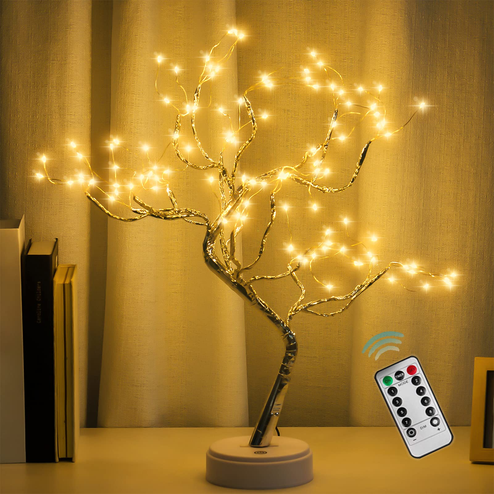 108 LED Sparkly Fairy Spirit Tree Lamp Remote Control, 8 Modes USB/Battery Tabletop Bonsai DIY Artificial Tree Light for Bedroom Desktop Christmas Party Indoor Decor Lights (Warm White)