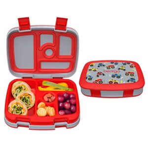 bentgo® kids prints leak-proof, 5-compartment bento-style kids lunch box - ideal portion sizes for ages 3 to 7 - bpa-free, dishwasher safe, food-safe materials (trucks)