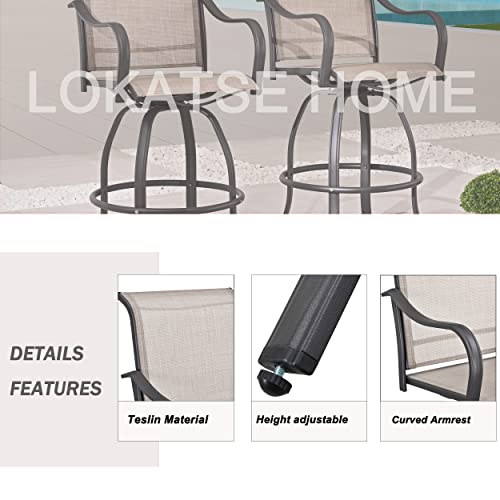 LOKATSE HOME 6 Piece Patio Dining Set Outdoor Furniture Tesling Swivel Chairs Bistro Rotating Stools with Glass Tempered Table for Poolside, Cafe, Porch, Chic Bar, Grey