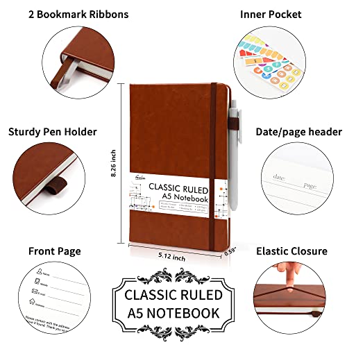 3 Pack Notebooks Journals Bulk with 3 Black Pens, Feela A5 Hardcover Notebook Classic Ruled Lined Journal Set with Pen Holder for Work Business Journaling Note Taking, 120 GSM, 5.1”x8.3”, Brown