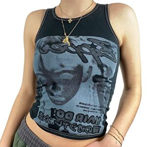 women face portrait print y2k tank top aesthetic graphic print e-girl camis sleeveless slim vest crop top streetwear (f-black,s)