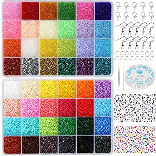 KERGAEN Total 48000pcs Size 2mm Seed Beads for Jewelry Making,12/0 Tiny Craft Beading Kit Set,260pcs Letter Alphabet Beads with Elastic String,Earring Hooks and Claw Clasps