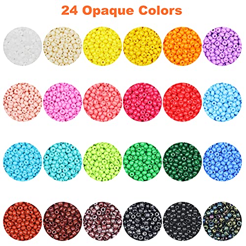 KERGAEN Total 48000pcs Size 2mm Seed Beads for Jewelry Making,12/0 Tiny Craft Beading Kit Set,260pcs Letter Alphabet Beads with Elastic String,Earring Hooks and Claw Clasps