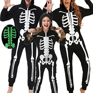 Veseacky Women's Skeleton Costume Onesie Pajama Halloween Holiday Glow in Dark One-Piece PJS with Hoodie Bodysuit Skeleton Jumpsuit Outfits Small