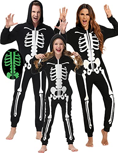 Veseacky Women's Skeleton Costume Onesie Pajama Halloween Holiday Glow in Dark One-Piece PJS with Hoodie Bodysuit Skeleton Jumpsuit Outfits Small