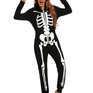 Veseacky Women's Skeleton Costume Onesie Pajama Halloween Holiday Glow in Dark One-Piece PJS with Hoodie Bodysuit Skeleton Jumpsuit Outfits Small