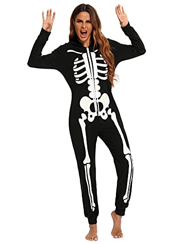 Veseacky Women's Skeleton Costume Onesie Pajama Halloween Holiday Glow in Dark One-Piece PJS with Hoodie Bodysuit Skeleton Jumpsuit Outfits Small