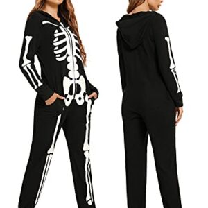 Veseacky Women's Skeleton Costume Onesie Pajama Halloween Holiday Glow in Dark One-Piece PJS with Hoodie Bodysuit Skeleton Jumpsuit Outfits Small