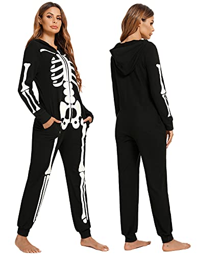 Veseacky Women's Skeleton Costume Onesie Pajama Halloween Holiday Glow in Dark One-Piece PJS with Hoodie Bodysuit Skeleton Jumpsuit Outfits Small