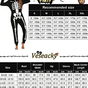 Veseacky Women's Skeleton Costume Onesie Pajama Halloween Holiday Glow in Dark One-Piece PJS with Hoodie Bodysuit Skeleton Jumpsuit Outfits Small