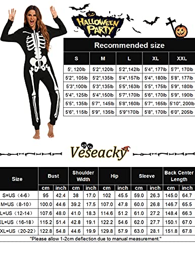 Veseacky Women's Skeleton Costume Onesie Pajama Halloween Holiday Glow in Dark One-Piece PJS with Hoodie Bodysuit Skeleton Jumpsuit Outfits Small