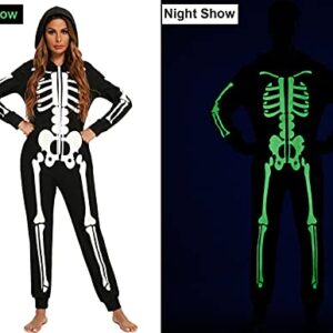 Veseacky Women's Skeleton Costume Onesie Pajama Halloween Holiday Glow in Dark One-Piece PJS with Hoodie Bodysuit Skeleton Jumpsuit Outfits Small