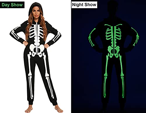 Veseacky Women's Skeleton Costume Onesie Pajama Halloween Holiday Glow in Dark One-Piece PJS with Hoodie Bodysuit Skeleton Jumpsuit Outfits Small