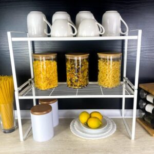 Better House 2 Pack Cabinet Shelf The Ultimate Standing Shelf Stackable Space Saving Steel Frame Rust Resistant Organizer for Kitchen Bathroom Bedroom & Office (Staked Size 20 x 8.25 x 19 in)