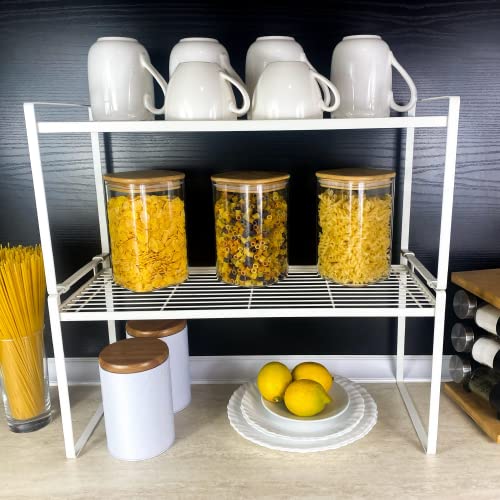 Better House 2 Pack Cabinet Shelf The Ultimate Standing Shelf Stackable Space Saving Steel Frame Rust Resistant Organizer for Kitchen Bathroom Bedroom & Office (Staked Size 20 x 8.25 x 19 in)