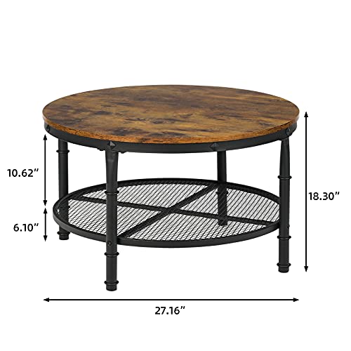 STHOUYN Small Round Coffee Table with Storage, Rustic Center Table for Living Room, Wood Surface Top & Metal Legs & Open 2-Tier Shelf, Save Space, Brown