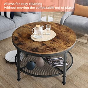 STHOUYN Small Round Coffee Table with Storage, Rustic Center Table for Living Room, Wood Surface Top & Metal Legs & Open 2-Tier Shelf, Save Space, Brown